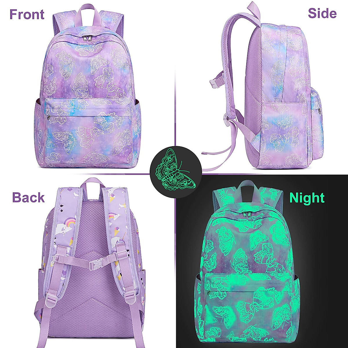 CAMTOP Kids Backpack for Girls Luminous School Bookbag with Lunch Box Set for Preschool Kindergarten Elementary (Butterfly Schoolbag)