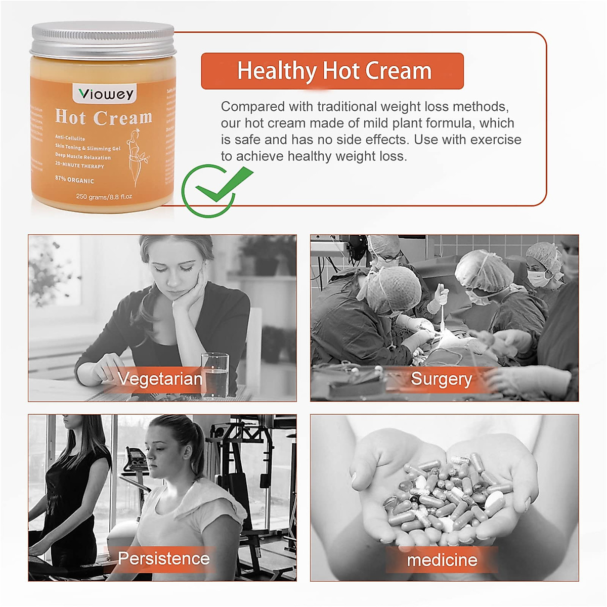 Hot Cream, Fat Burning Cream for Tummy, Abdomen, Belly, Legs, Arms, Buttocks and Waist, 8.8oz