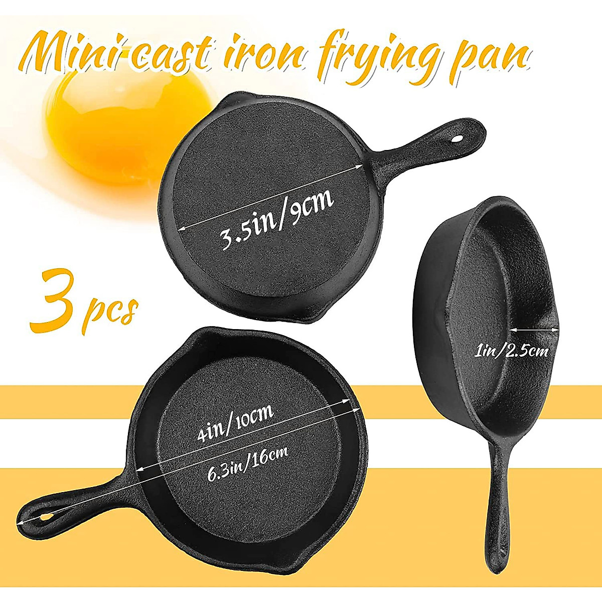 GothaBach 3 Pack 4'' Mini Cast Iron Skillet, Pre Seasoned Small Cast Iron Skillet for Baked Cookie, Brownie, Egg Cakes