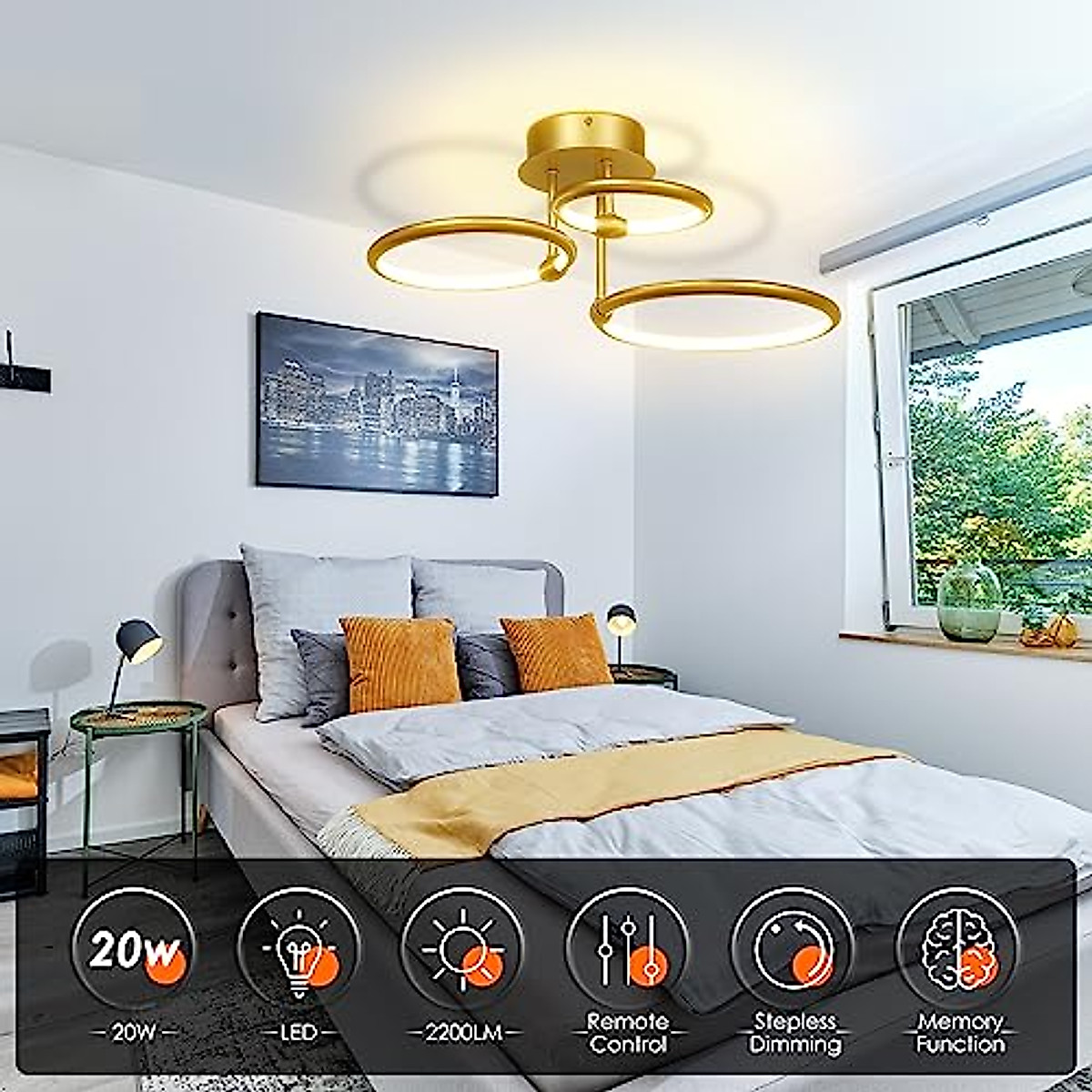 Cresmar 25W LED Ceiling Light with Remote Stepless Dimmable 3000-6000K，Modern Flush Mount Ceiling Lighting Fixture Memory Function 3 Rings Round Chandelier Ceiling Lamp for Bedroom, Living Room…