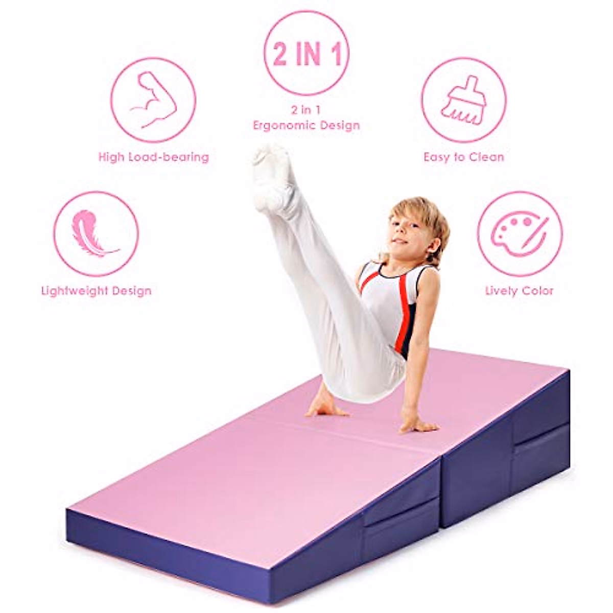 Giantex Incline Gymnastics Mat Wedge Folding and Non-Folding Gymnastics Gym Fitness Skill Shape Tumbling Mat for Kids Play Home Exercise Aerobics (Light Pink/Purple 60"X30"X14")