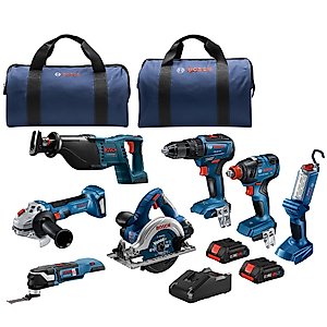 BOSCH GXL18V-701B25 18V 7-Tool Combo Kit with 2-In-1 Bit/Socket Impact Driver, Hammer Drill/Driver, Recip Saw, Circular Saw, Oscillating Tool, Angle Grinder, LED Worklight & (2) CORE18V 4 Ah Batteries