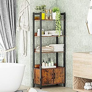 Furologee Bookshelf and Bookcase with Doors, Tall 61" Free Standing Display Shelving Units with 4-Tier Shelves, Industrial Storage Cabinet for Home Office, Living Room, Bedroom, Bathroom, Rustic Brown