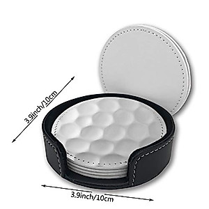 White Golf Ball Coasters For Drinks With Holder, Leather Coasters Set Of 6, Round Cups Mugs Mat Pad For Home Kitchen