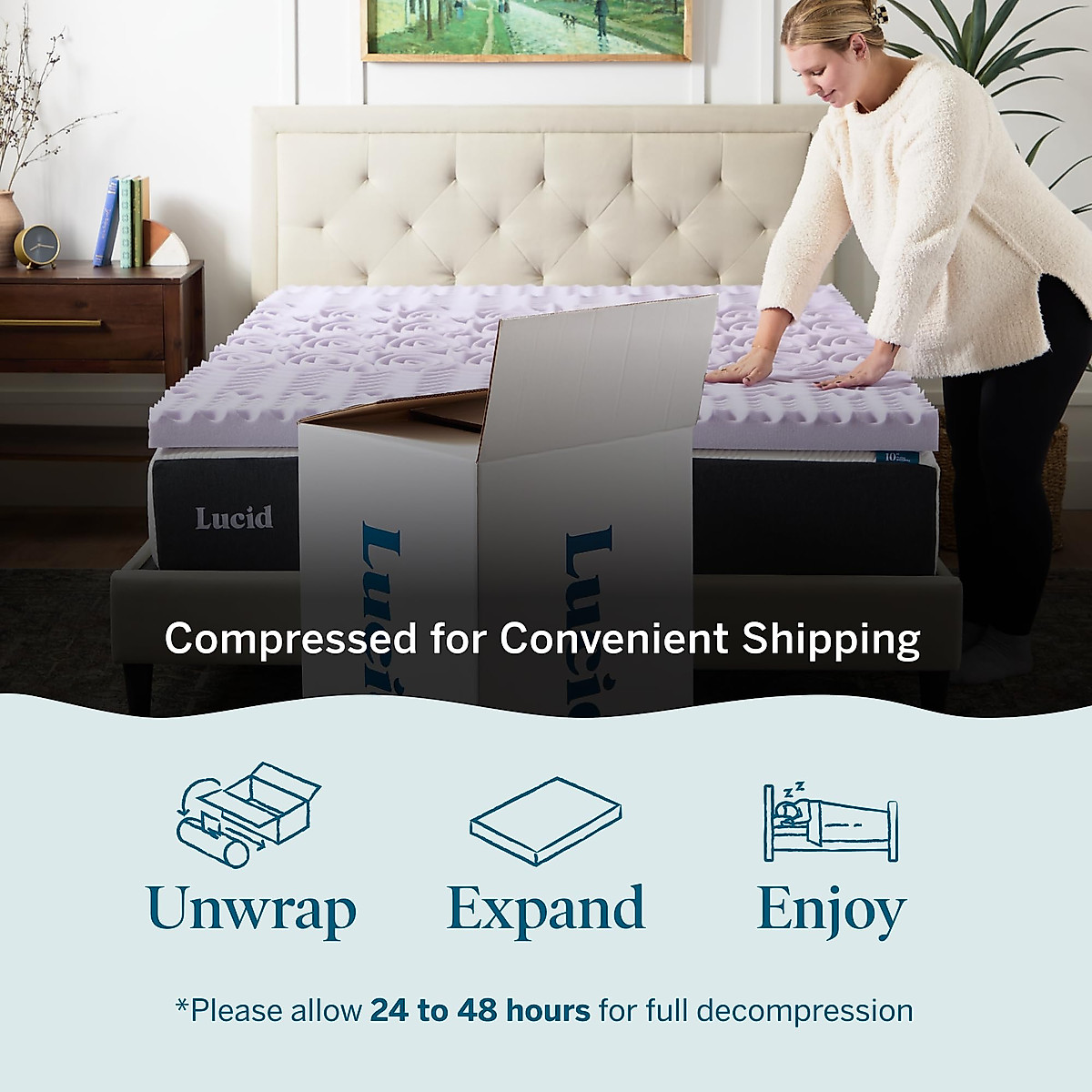 LUCID 3 Inch 5 Lavender Memory Foam Plush-Calming Targeted Convoluted Comfort Zones Mattress Topper, King
