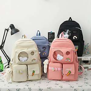 LaurelTree Kawaii Aesthetic Cute 5pcs School Bags Set with Accessories School Suppliers for Teens Girls Backpack Tote Bag (White)…