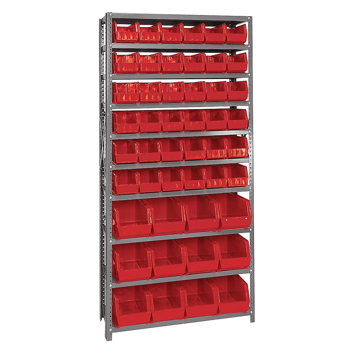 Quantum Storage Systems QSBU-230240RD Giant Open Hopper Steel Shelving System, 12" D x 36" W x 75" H, with 10 Shelves and 36 QUS230 and 12 QUS240 Bins, Red
