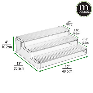 mDesign Plastic Spice and Food Kitchen Expandable Cabinet Shelf Organizer - 3 Tier Storage - Modern Compact Caddy Rack - Holds Spices/Herb Bottles, Jars - for Shelves, Cupboards, Refrigerator - Clear