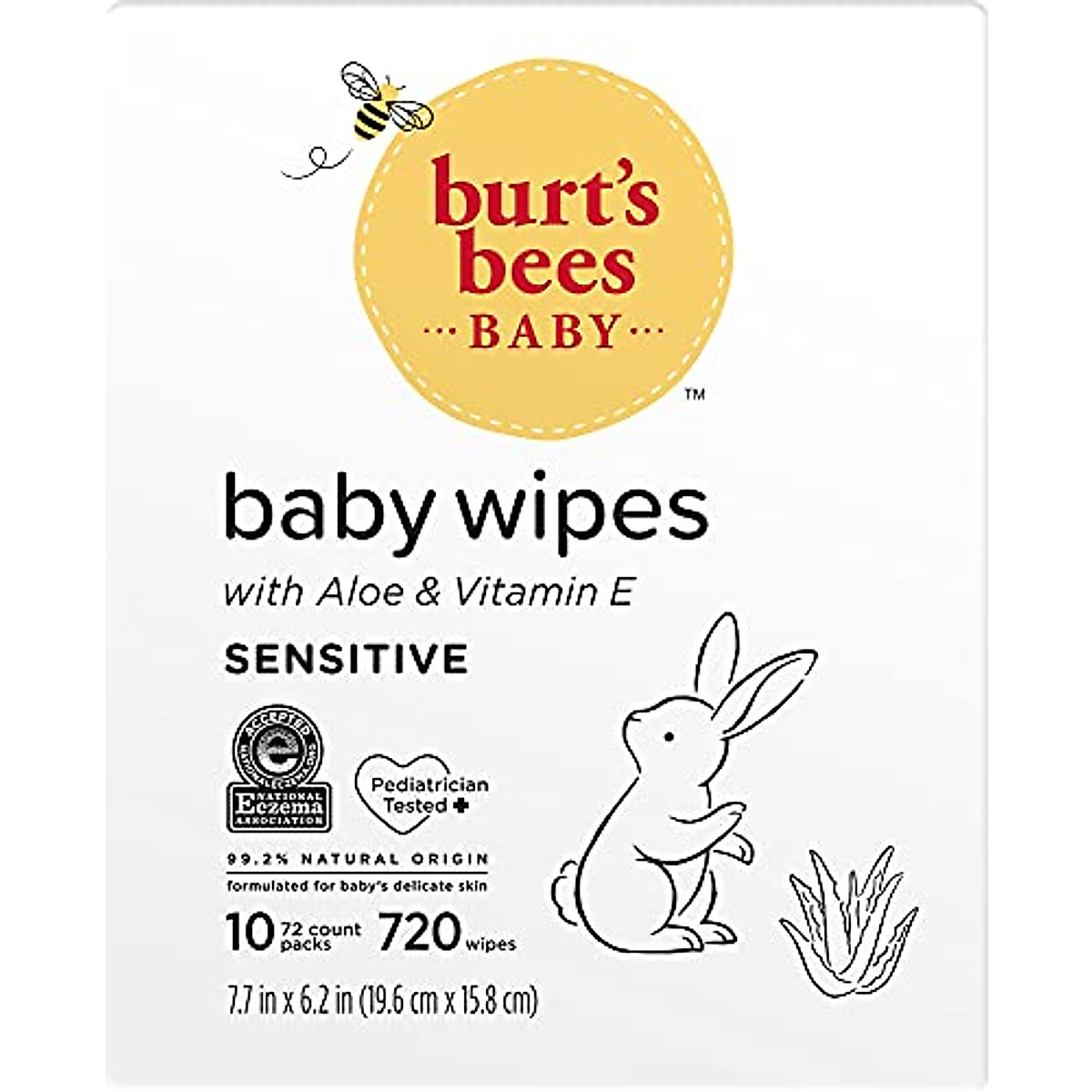 Burt's Bees Baby Wipes, Unscented Towelettes for Sensitive Skin, Hypoallergenic & Non-Irritating, All Natural with Soothing Aloe & Vitamin E, Fragrance Free, 72 count ( Pack of 10)