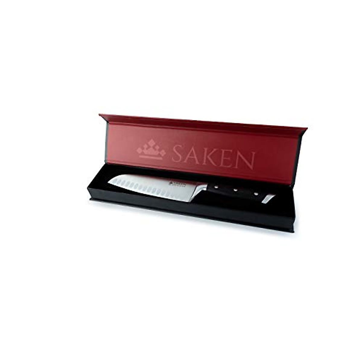 SAKEN Santoku Knife - 7-Inch Japanese Chef Knife with High-Carbon German Steel Blade, Granton Edge, and Ergonomic Handle - Multipurpose Kitchen Knife for Mincing, Slicing, and Dicing