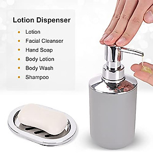 Fixwal Bathroom Accessories Set 8 Piece Plastic Gift Set Trash Can Toothbrush Holder Toothbrush Cup Soap Dispenser Soap Dish Toilet Brush Holder 2 Qtip Holder Dispensers with Labels (Gray)