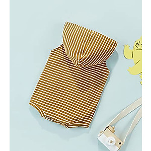 Newborn Baby Boy Girl Unisex Romper Infant Toddler One Piece Hooded Striped Bodysuits Sleeveless Buttons Clothes (A~Brown , 3-6 Months )