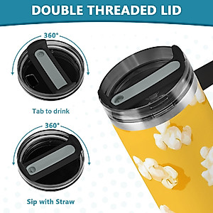 Selerdon 40 oz Tumbler Yellow Popcorn with Handle and Straw Lid Vacuum Stainless Steel Insulated Water Bottle Travel Mug Car Cup Holder Friendly BPA Free for Gym Travel Office
