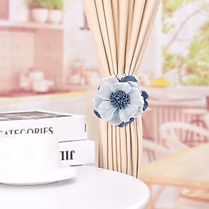 SUQ I OME 2 Pack of Pearl Magnetic Flower Curtain Tieback with Handmade Flower Decorative Drapery Holdbacks Rope Holder for Home, Office,Blue