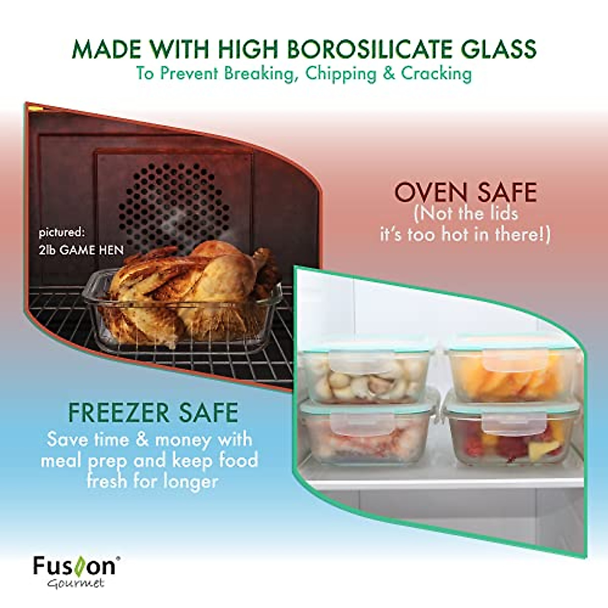 Fusion Gourmet Set of 8 Same Size Glass Food Storage Containers with Lids [4.4 cup 35 oz ea.] Airtight, Leak proof, Oven, Microwave & Freezer Safe, Reusable Meal Prep Set, Stain & Odor Resistant