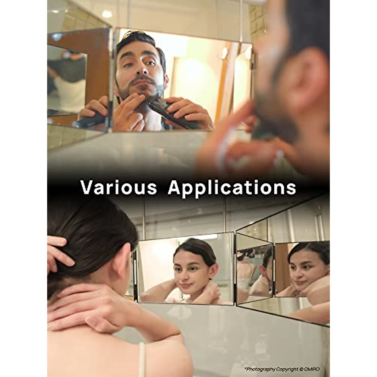 OMIRO Door Mount 3 Way Mirror for Hair Cutting, 360 Trifold Self Haircut Mirror with Adjustable Telescoping Hooks, Multi-Functional for Makeup and Travel