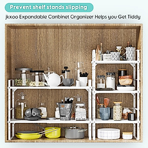 jkxoo 2Pack Expandable Cabinet Shelf Organizers, Stackable Metal Cabinet Shelves Extender for Kitchen Cabinet Countertop Storage, Adjustable Spices Shelves Rack Stand for Cupboard Pantry, White