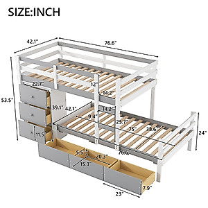 Harper & Bright Designs Twin Over Twin Bunk Bed with 6 Drawers, Solid Wood Bunk Beds with Ladder, Safety Rail for Kids, Boys and Girls, Teens, No Box Spring Needed (Natural)