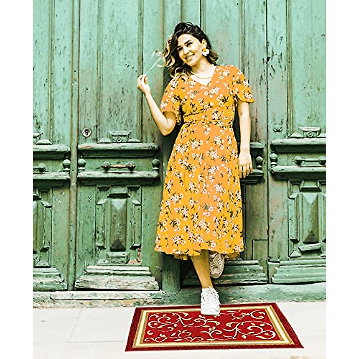 Stair Treads Non-Slip Landing Mat- Skid Resistant Rubber Back Landing Rug - Beautiful Design Landing Mat for Bottom of Stairs - Floormat - Doormat (20" x 30") Floral Red