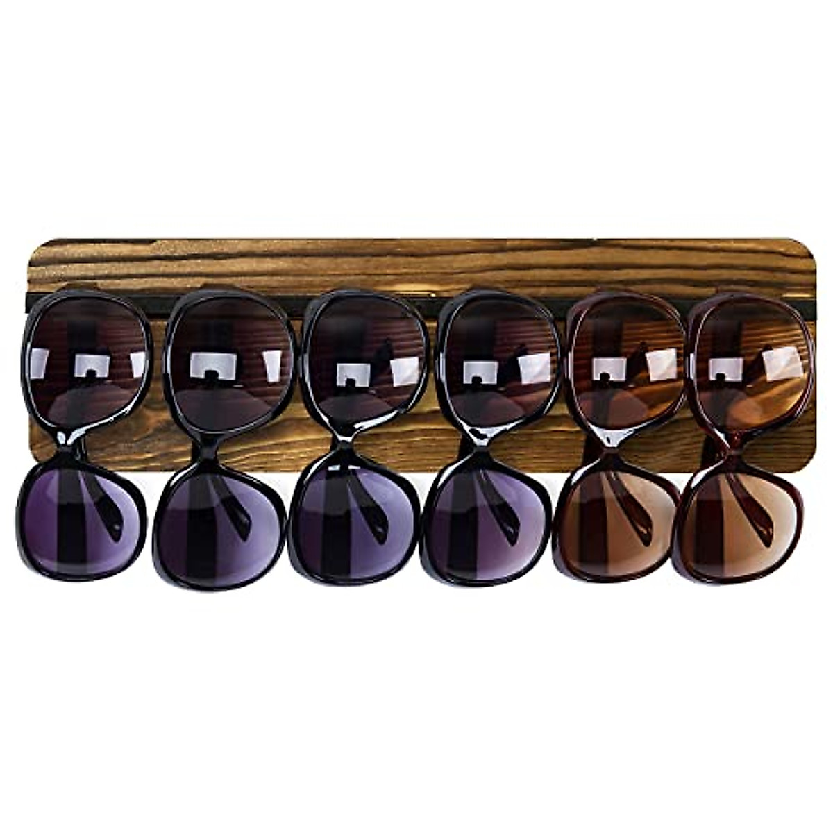 MyGift Burnt Wood Sunglasses Organizer Wall Mounted Rustic Eyeglasses Display Holder, Eyewear Glasses Hanging Rack with Black Metal Rail