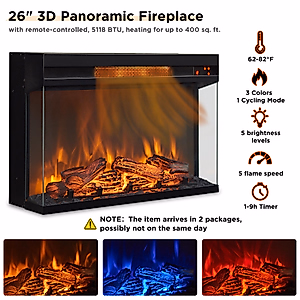 JXQTLINGMU 3-Sided Glass Fireplace TV Stand for 75 Inch TV, Large Farmhouse Media Console with LED Light, Highboy Entertainment Center with 3 Side Cutouts Glass Doors for Living Room, Antique Brown