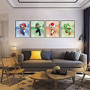 Super Mario Art Prints Toad Super Mario Prints Wall Art Game Room Decor Birthday Painting Set of 4 Pieces (8”X10”Canvas Picture), Bathroom Room Painting, Frameless