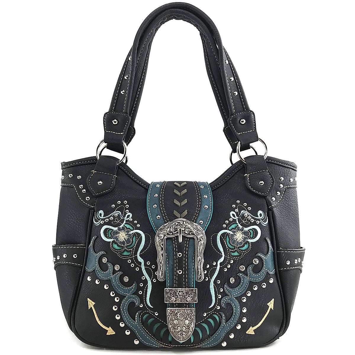 Zelris Floral Poppy Buckle Western Women Conceal Carry Tote Handbag Purse Set (Black)