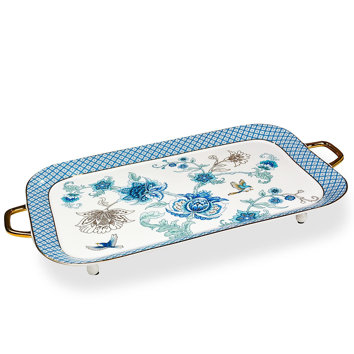 ACMLIFE Tea Serving Tray Set, 21 inches Bone China Tray Tea Tray with Handles, Blue Fine Ceramic Decorative Serving Tray Platter with Golden Rim for Tea Sets, Living Room, Gift (Light Blue)
