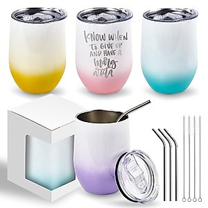 BetterSub 4 Packs 12oz Sublimation Wine Tumbler Cups Double Wall Insulation Stainless Steel Tumbler Blank Gradient Colors Coffee Cup with Lid, Metal Straw, Brush, Display Box