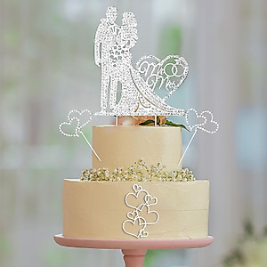 Spiareal 4 Pcs Wedding Cake Topper Mr and Mrs Rhinestone Bride and Groom Love Cake Topper Metal Happy Engagement Anniversary Cake Topper Wedding Party Cake Decor Cake Topper for Bridal Shower(Silver)