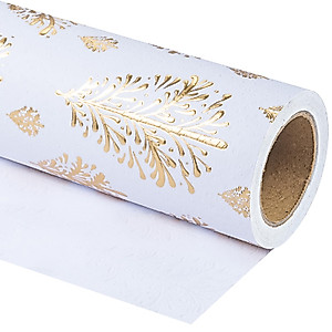 WRAPAHOLIC 3D Kraft Christmas Wrapping Paper Roll - Mini Roll - 17 Inch x 16.5 Feet - Gold and White Christmas Tree Design with Embossed Perfect for Holiday, Party Celebration