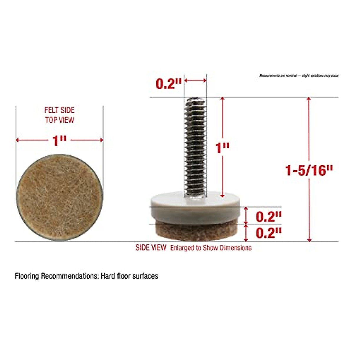 Shepherd Hardware 9908 1-Inch Felt Gard Threaded Stem Furniture Glides, 1/4-Inch Stem Diameter, 4 Count, Tan