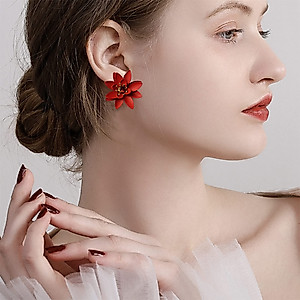 Chic Cute Boho Matte Flower Statement Stud Earrings with Gold Flower Bud for Women Sister Mom Lover and Friends (Red 13)