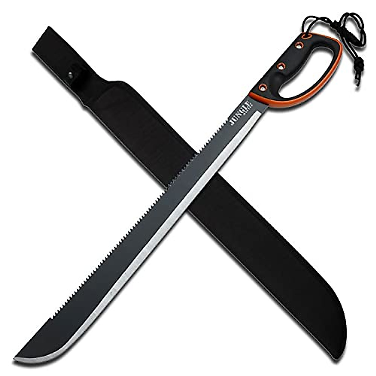 Jungle Master – Machete w/ Reverse Serrations – Black/Satin Blade, Full Tang, Black/Orange Rubberized Nylon Fiber Handle, Nylon Sheath, Outdoor, Hunt, Camp, Hike, Survival, JM-024L