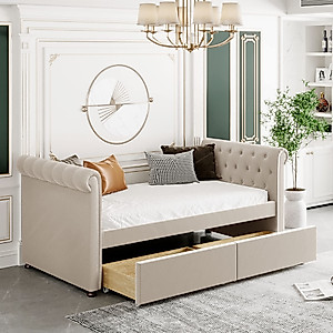 Jintop Twin Size Velvet Upholstered Daybed with Trundle and Two Armrests,Storage Wonden Bed Frame,W/Drawer,Wood Slat Support,for Apartment,Bedroom,Living Room,No Box Spring Needed,Beige