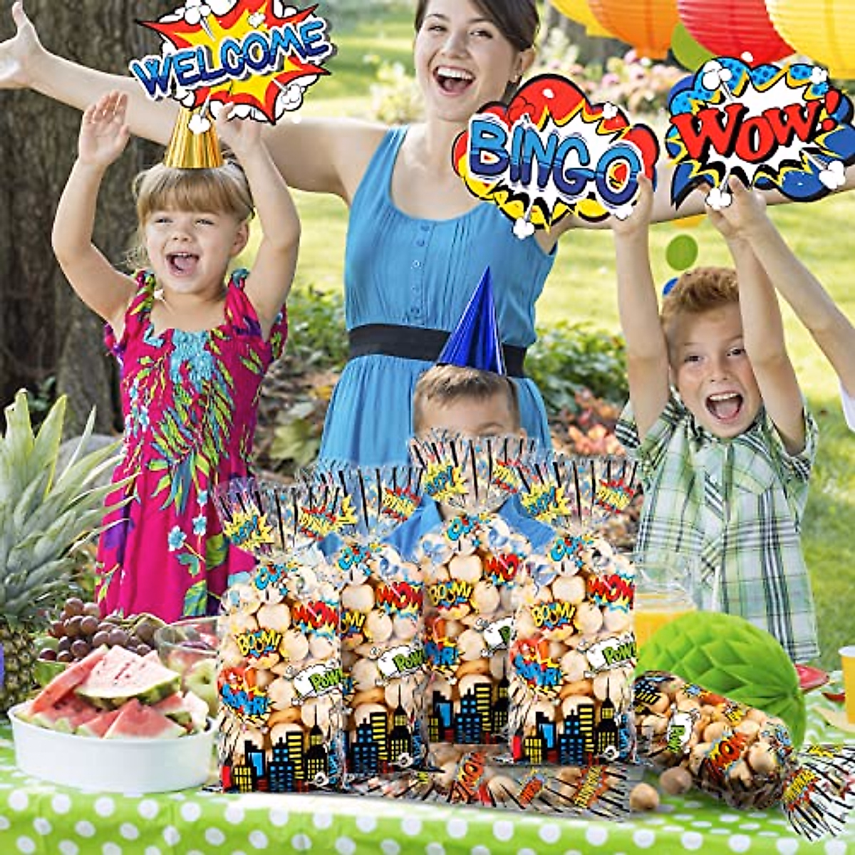 100 Pcs Hero Cellophane Treat Bags, Hero Party Gift Candy Bags, Hero Themed Goodie Favor Bags with 100 Silver Twist Ties for Gift Wrapping Children Birthday Party Baby Shower Decor (White Background)