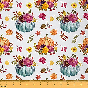 Erosebridal Pumpkin Fabric by The Yard 2 Yards,Fall Colorful Chrysanthemum Upholstery Fabric,Autumn Harvest Decorative Fabric for Farmer,Thanksgiving DIY Waterproof Fabric for Quilting Sewing