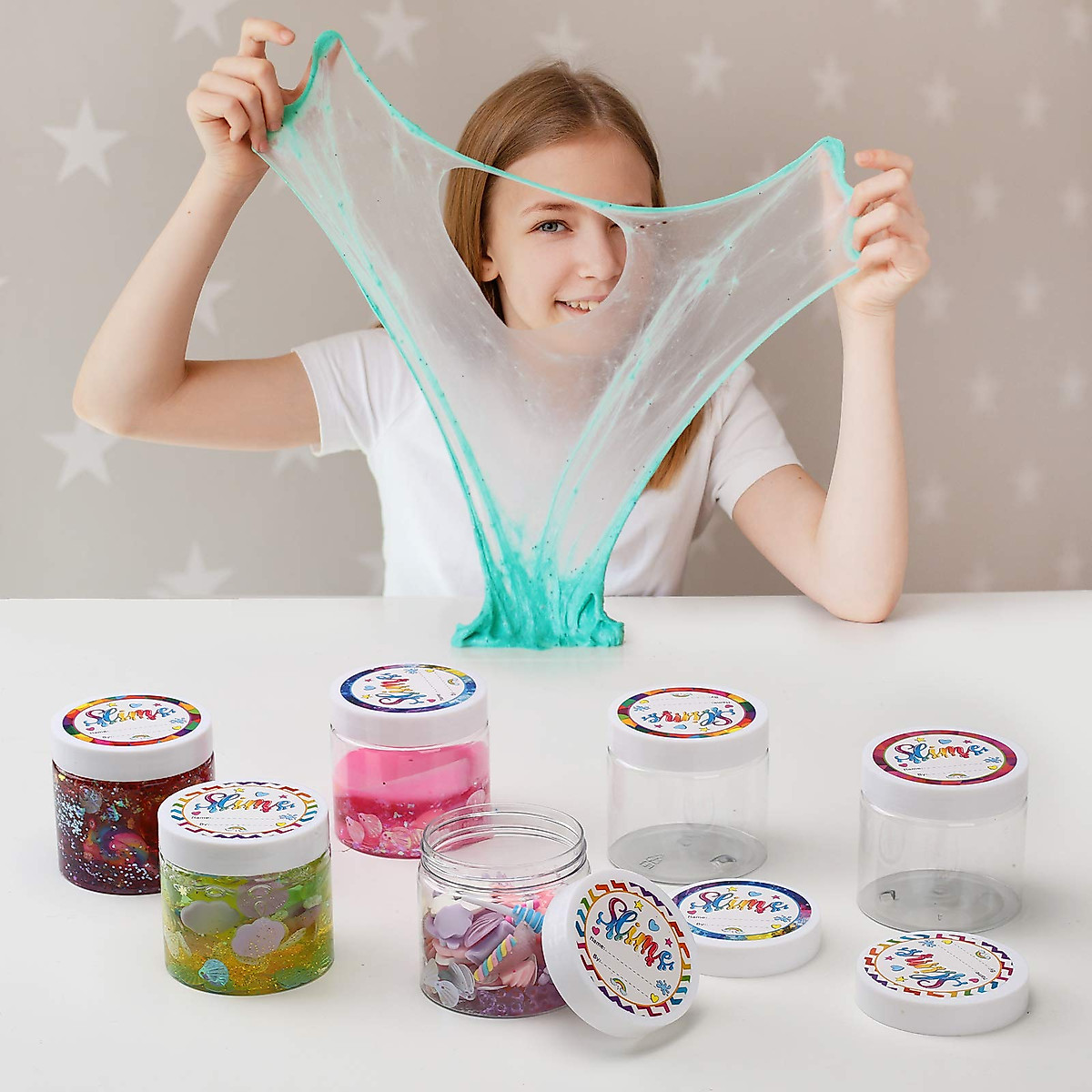 Habbi 24 Pack 6oz Slime Containers with Lids Plastic Jars Containers for Slime with White Water-Tight Lids and Stickers Mini Storage for DIY Slime Making, Candy, Beads, Art Crafts, Lotion