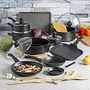 Ecolution Easy Clean Nonstick Cookware Set, Features Kitchen Essentials, Bamboo Cooking Utensils Set, Vented Glass Lids, Ergonomic Grip Handles, Made without PFOA, Dishwasher Safe, 20-Piece, Black