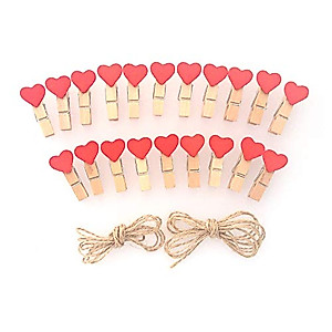 LWR CRAFTS Red Heart Wooden Mini Clothespins 20 Pieces and Jute Cord 8ft