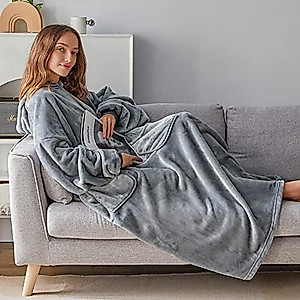 BEDELITE Fleece Wearable Blanket Hoodie with Sleeves and Pocket, Long Oversized Blanket for Women Men&Teen,plush size-Grey 53"x32"