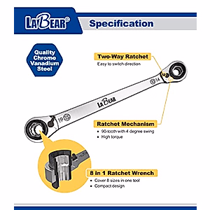 LABEAR - SAE 8 in 1 Speed wrench, 8 in 1 Double End Reversible Combination Wrench, Ratcheting Wrench, 5/16",3/8",7/16",1/2",9/16",5/8",11/16",3/4"