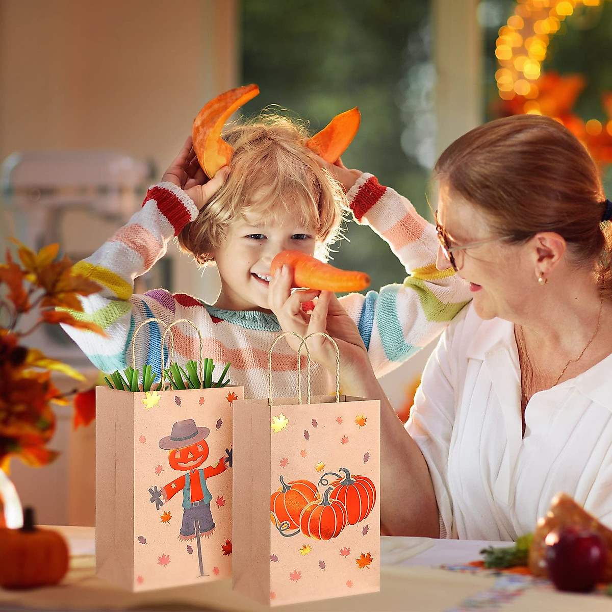 Yexiya 48 Pcs Fall Gift Bags Bulk Thanksgiving Kraft Paper Treat Candy Bag with Handles Goodies for Party Favors Supplies