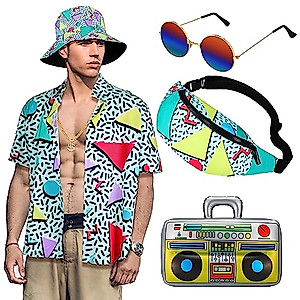 Xtinmee 6 Pcs 80s 90s Costume Hip Hop Outfit Set for Men Funny Rapper Rocker DJ Accessories Kit for Halloween Cosplay Party (Green,Large)