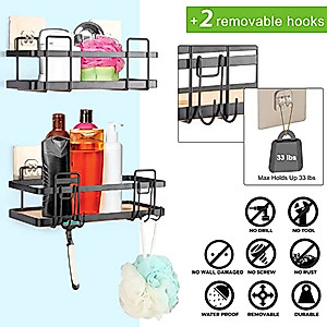 Keebofly Shower Caddy Bathroom Shower Organizer Shelf with Hooks,2 Pack,Shower Rack Self Adhesive Hanging,Rustproof Bamboo Basket,No Drilling Shower Storage Holder for Bathroom Shower Kitchen Black