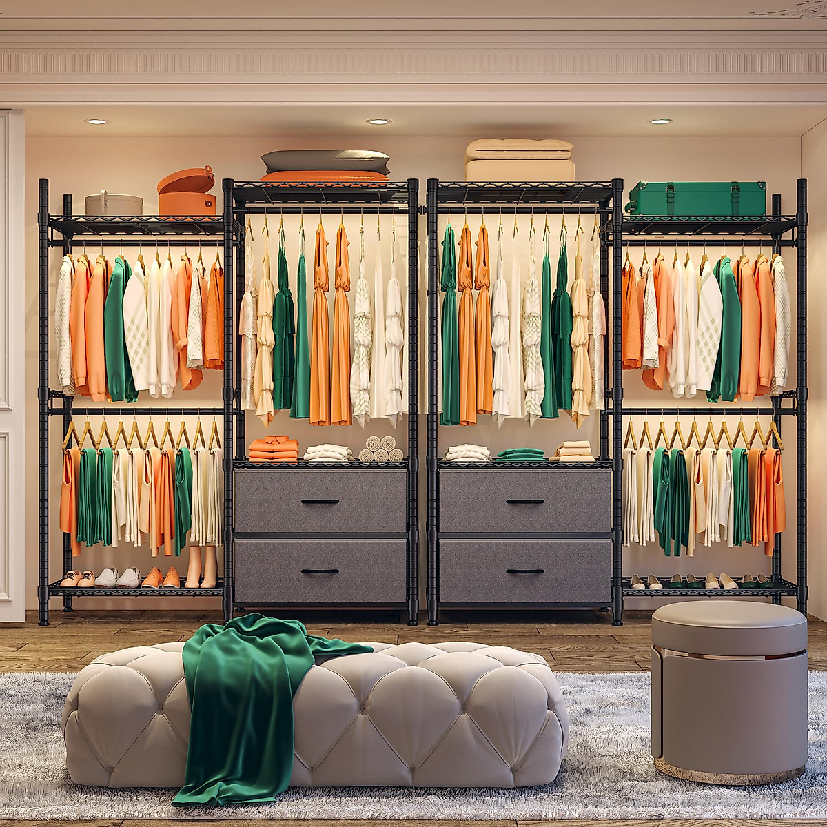 REIBII Garment Rack Clothing Rack for Hanging Clothes 150+ Load 650lbs Freestanding Wardrobe Closet with 2 Drawers, 3 Hanging Rods Clothes Rack for Extra Closet Space, 15.9" D x 46.5" W x 70.9" H