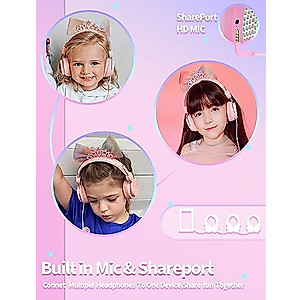 charlxee 𝟐𝟎𝟐𝟑 𝐍𝐞𝐰 Priness Wired Kids Headphones for School/Travel,Clear Mic,Shareport,95dB Volume Control,Nylon Cable,Stereo Sound,Adjustable Over Ear Headsets for Girls -Pink