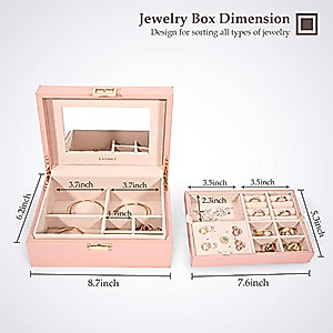 LANDICI Jewelry Organizer Box for Women Teen Girls,Large Jewelry Storage Case with Mirror,2 Layer Removable Stackable Tray,Leather Jewellery Display Holder for Ring Necklace Earring Bracelets,Pink