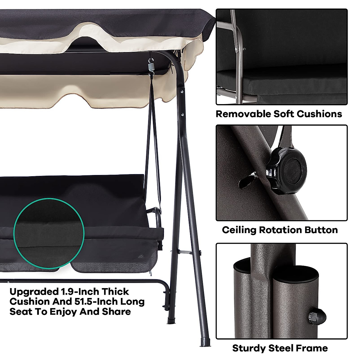 Fundouns 2-Person Patio Porch Swing Chair, Outdoor Canopy Hanging Swing Lounge Chair Adjustable Shade, Removable Cushions- Black and Beige