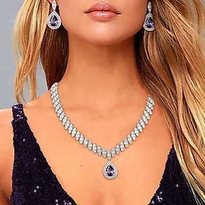 EVER FAITH Women's Jewelry Purple CZ Marquise-Shaped Leaf Teardrop Wedding Prom Necklace Earrings Set Silver-Tone